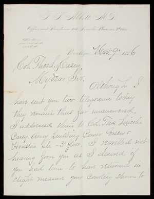 Dr. Frank S. Abbott to Thomas Lincoln Casey, November 9, 1886 (2 ...