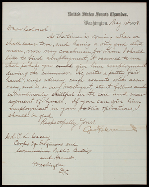 Senator [George F.] Edmunds to Thomas Lincoln Casey, May 1, 1878 ...