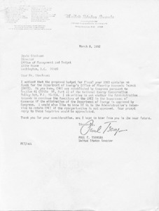Letter to David Stockman from Paul E. Tsongas regarding funds for the ...