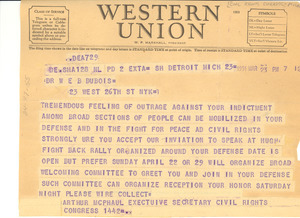 Telegram from Civil Rights Congress of Michigan to W. E. B. Du Bois ...
