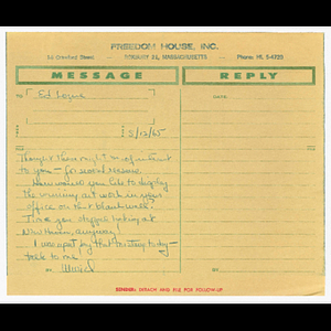 Memorandum from Muriel Snowden to Edward J. Logue about art display in ...