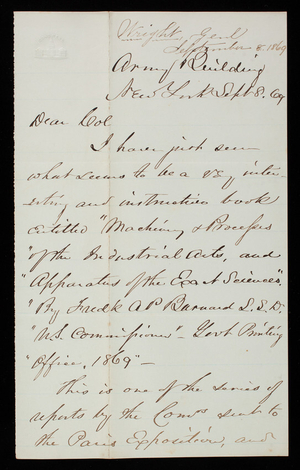 General [Horatio] G. Wright to Thomas Lincoln Casey, September 8, 1869 ...