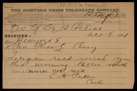 E. H. Pullen to Thomas Lincoln Casey, October 5, 1891, telegram (1 ...