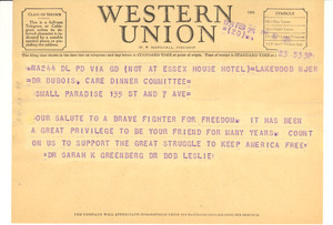 Telegrams from Sarah K. Greenberg and Bob Leslie to W. E. B Du Bois ...